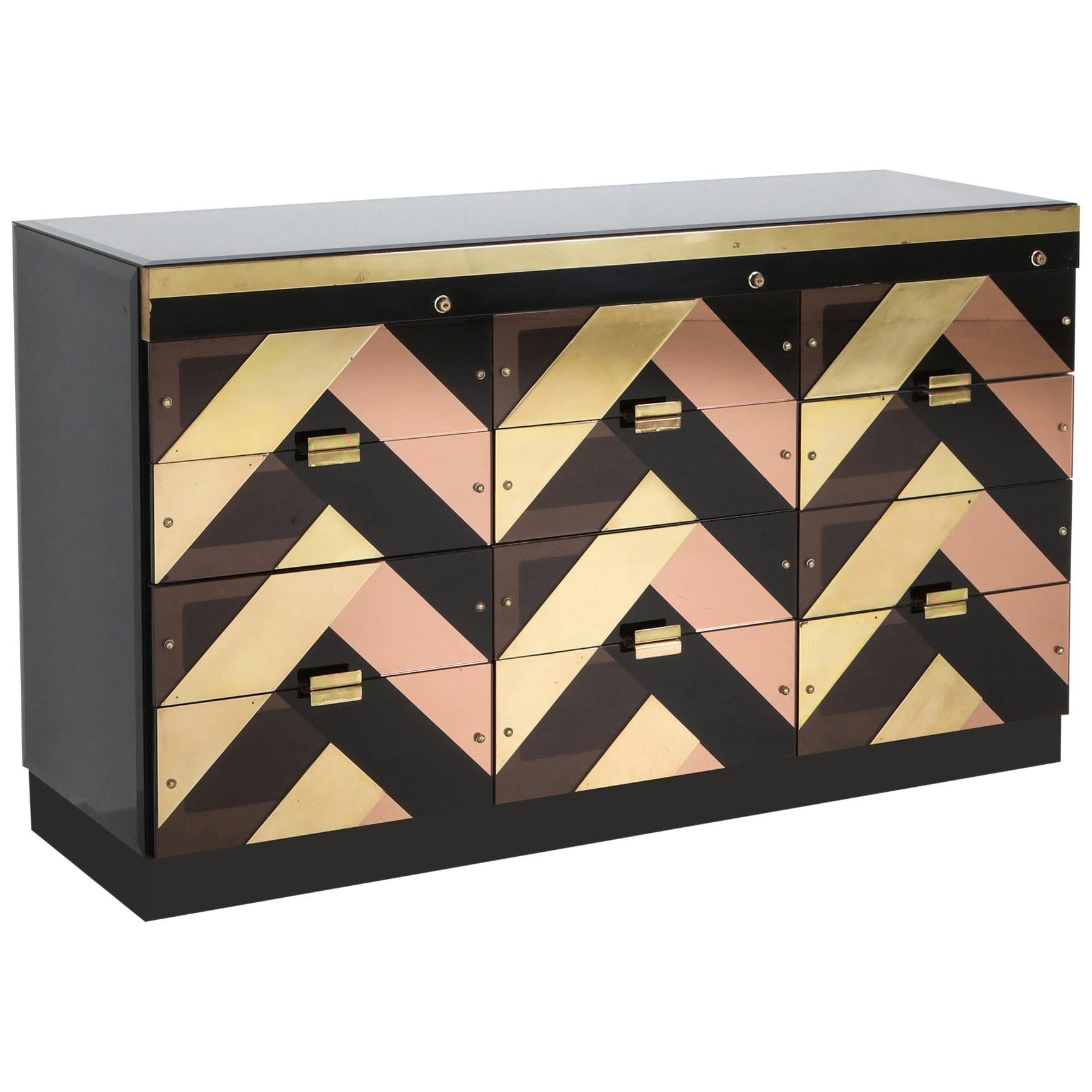 Brass, Lucite and Lacquer Sideboard with 16 Drawers For Sale at 1stDibs