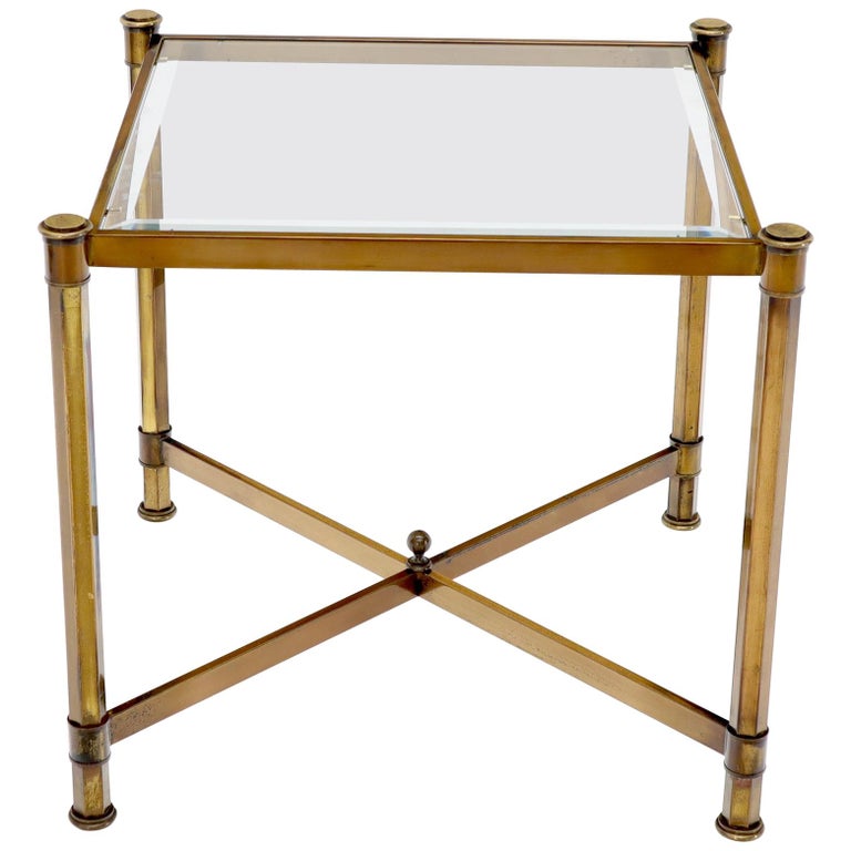 Brass Profile Base Glass Top Square Side End Occasional Table Mid ...