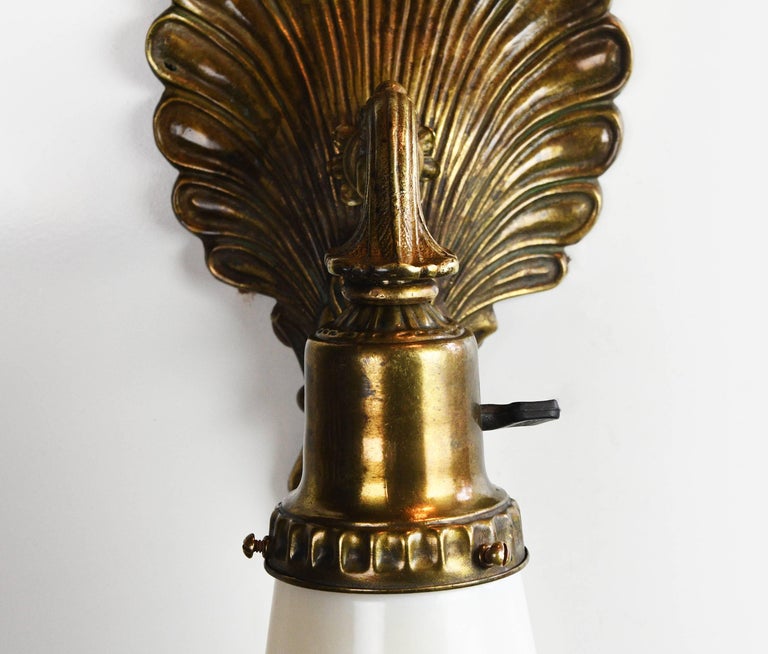 Brass Pullman Train Sconce with Etched Steuben Shade at 1stDibs