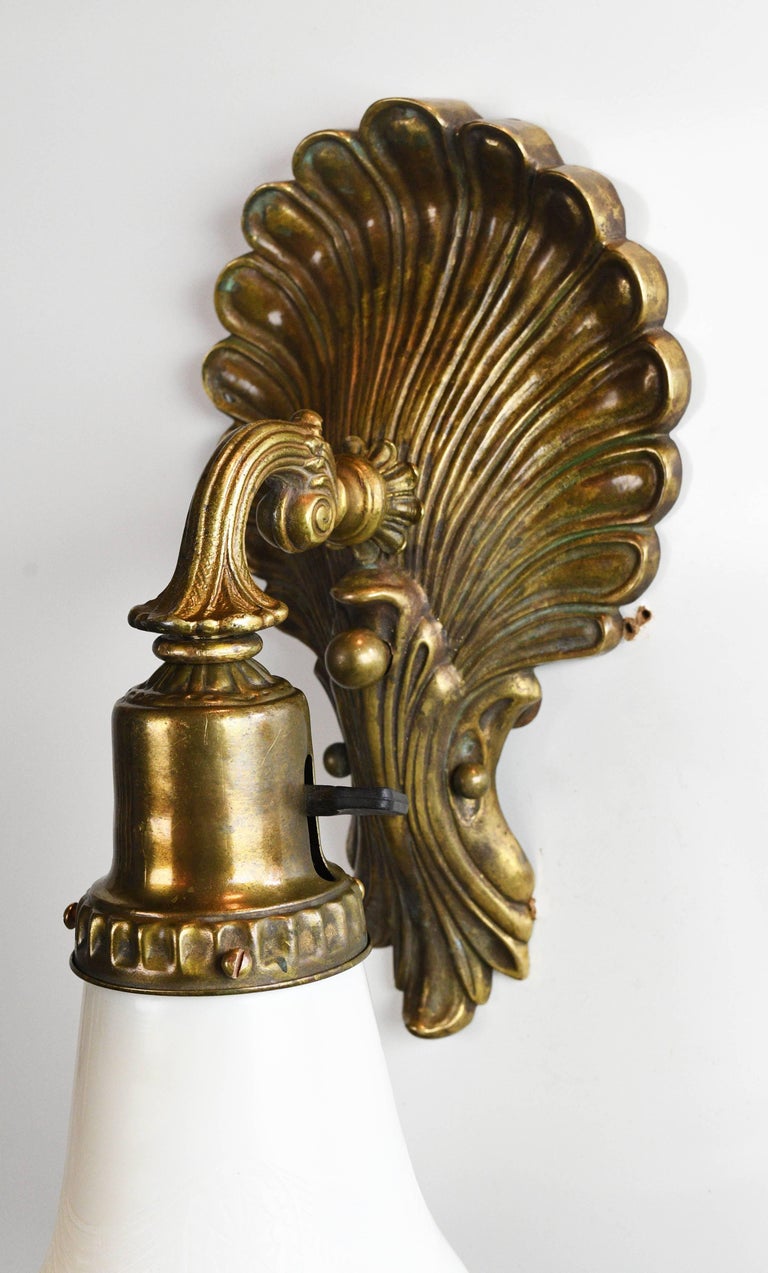 Brass Pullman Train Sconce with Etched Steuben Shade at 1stDibs