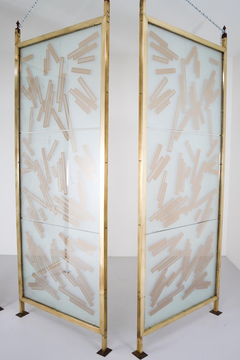Brass Room Screen/Room Divider in Bohemian Etched Art Glass, Praque For ...