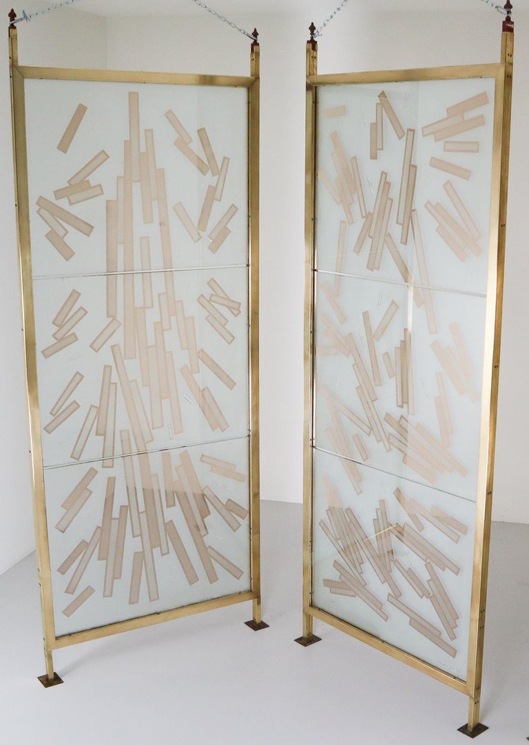 Brass Room Screen/Room Divider in Bohemian Etched Art Glass, Praque For ...
