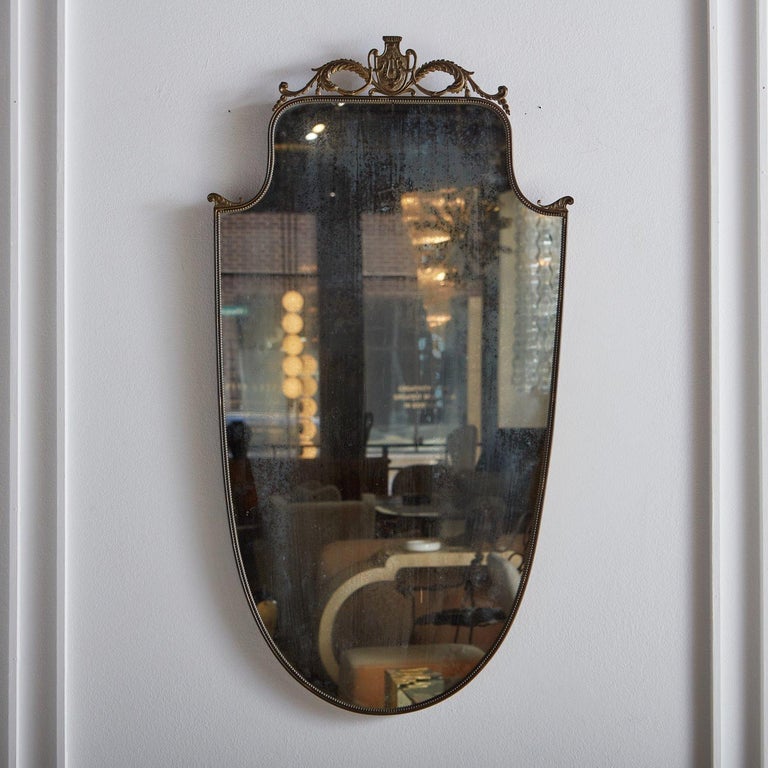 Brass Shield Mirror with Crest Motif, Italy 1970s For Sale at 1stDibs