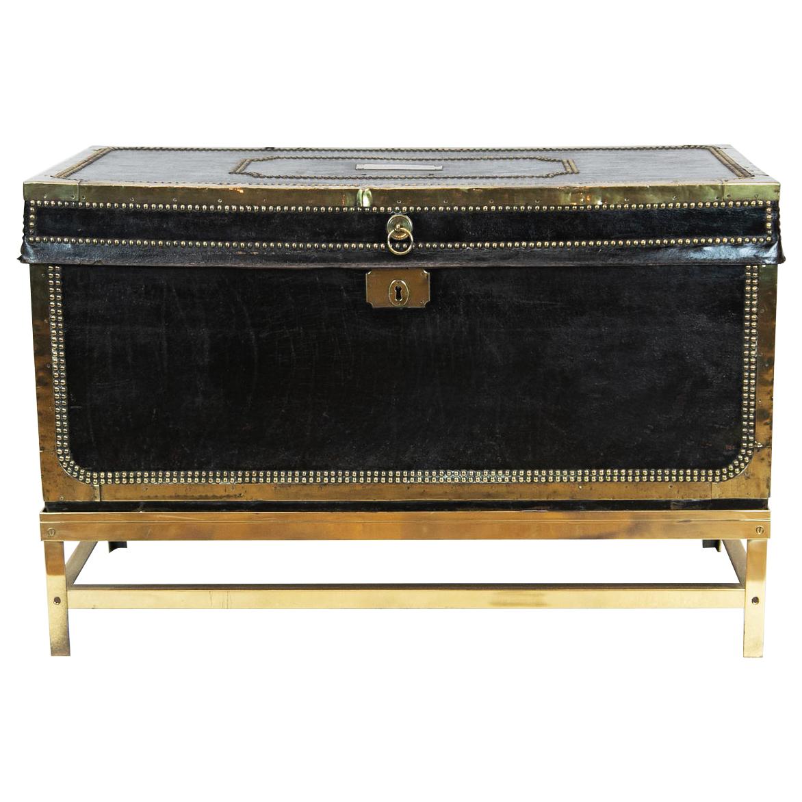 Brass Studded Leather Trunk on Stand at 1stDibs