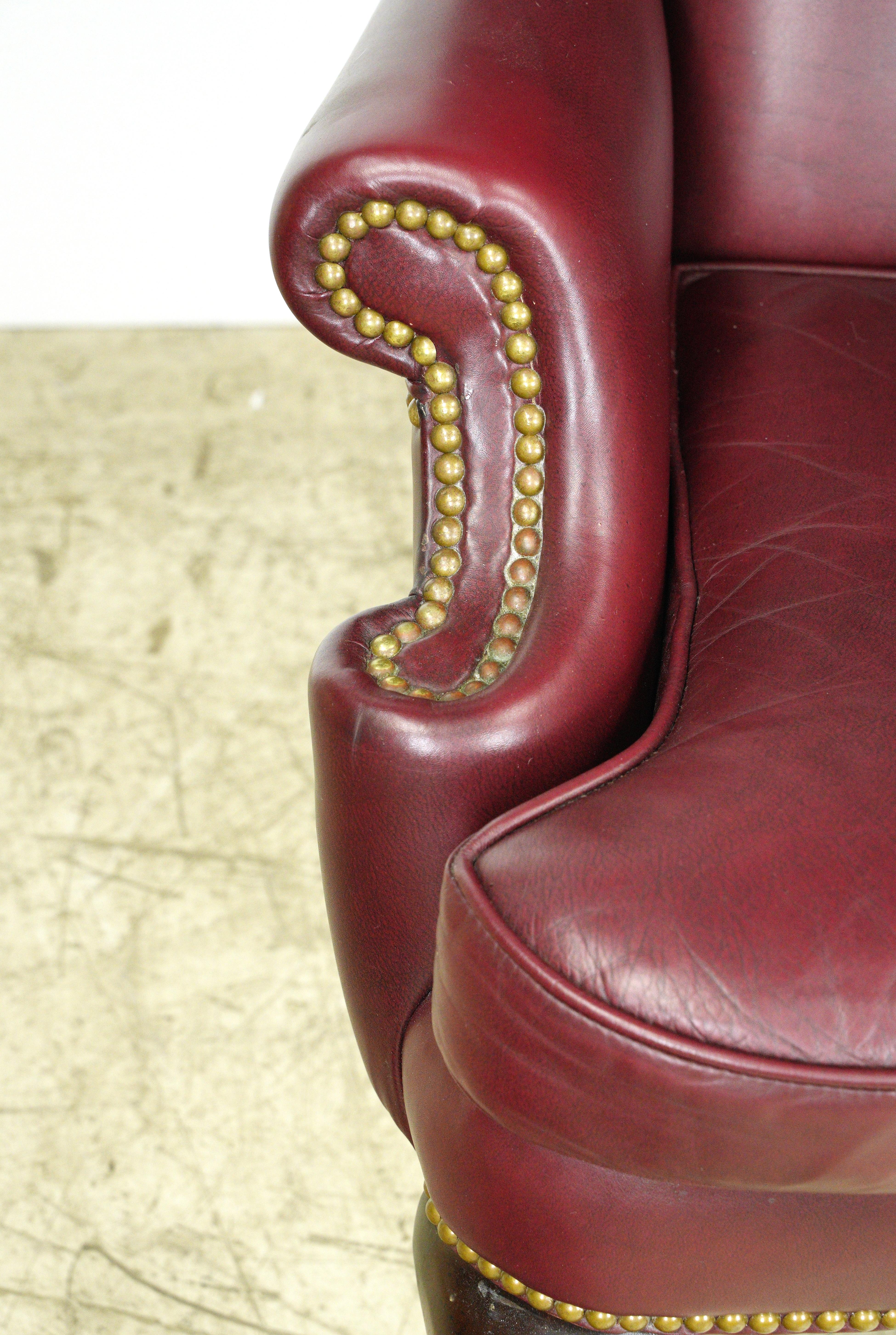 Brass Studs Red Leather and Pine Frame Executive Chair by Cabot Wrenn For Sale at 1stDibs