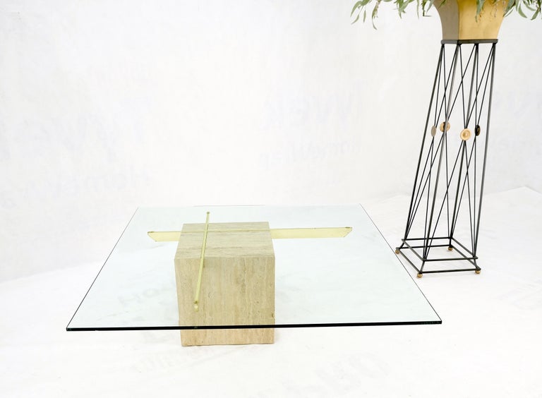 Brass Travertine Base Glass Top Square Mid-Century Modern Coffee Center ...