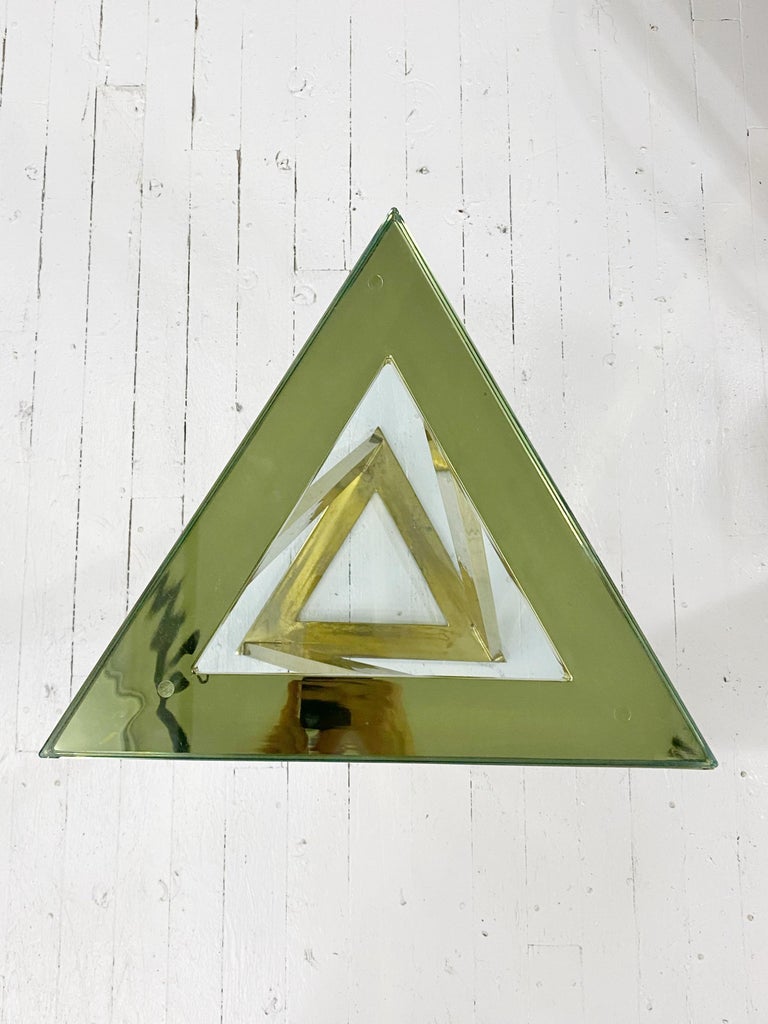 Brass Triangular Pedestal Table with Glass Top at 1stDibs