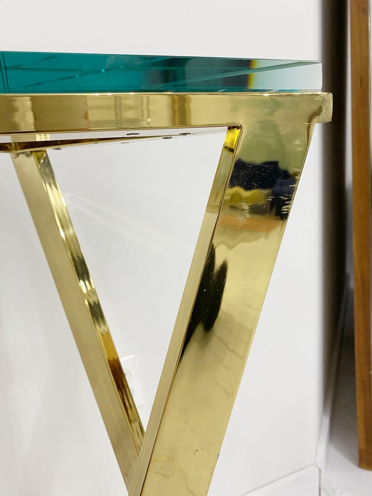 Brass Triangular Pedestal Table with Glass Top at 1stDibs