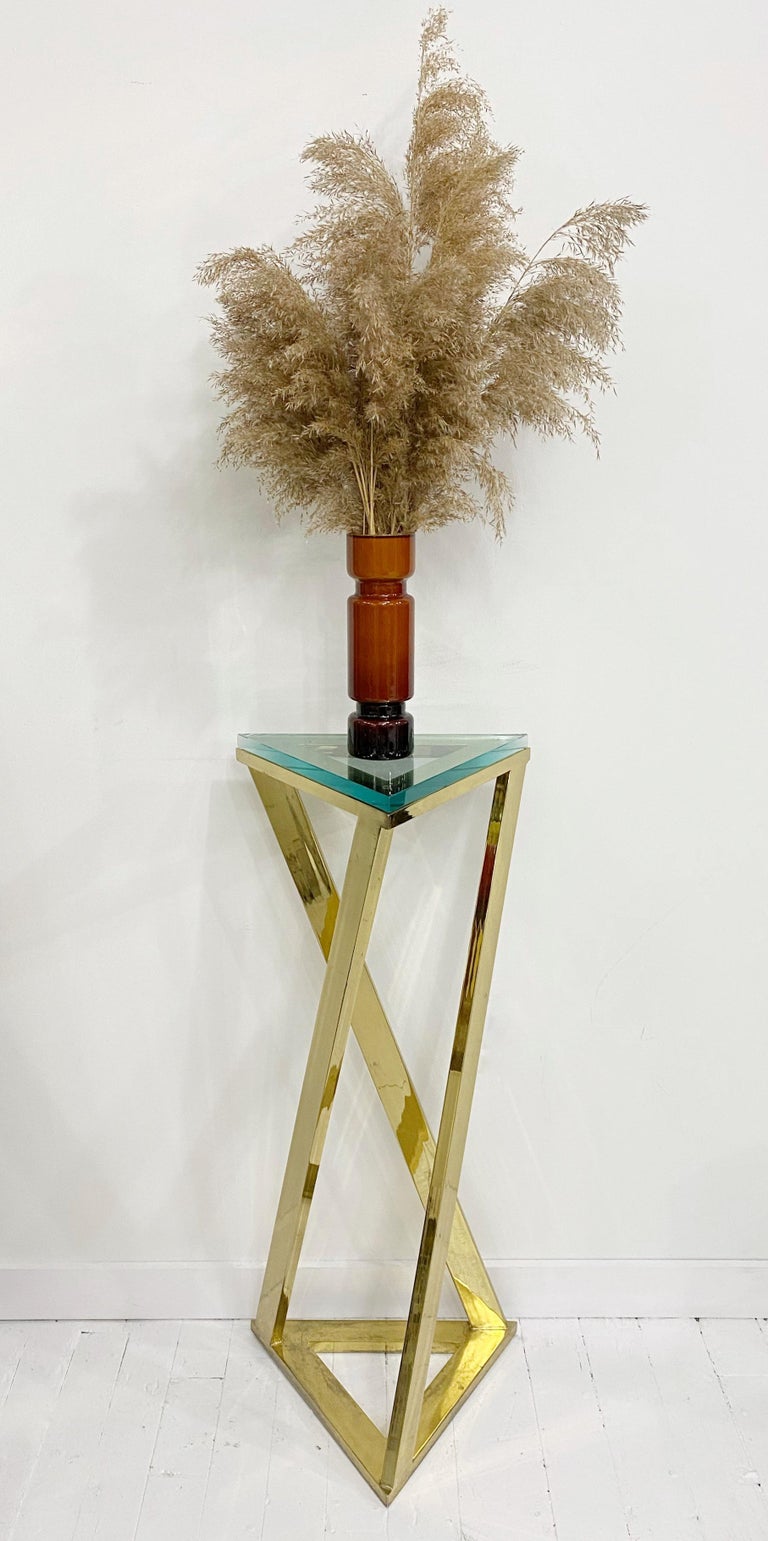 Brass Triangular Pedestal Table with Glass Top at 1stDibs