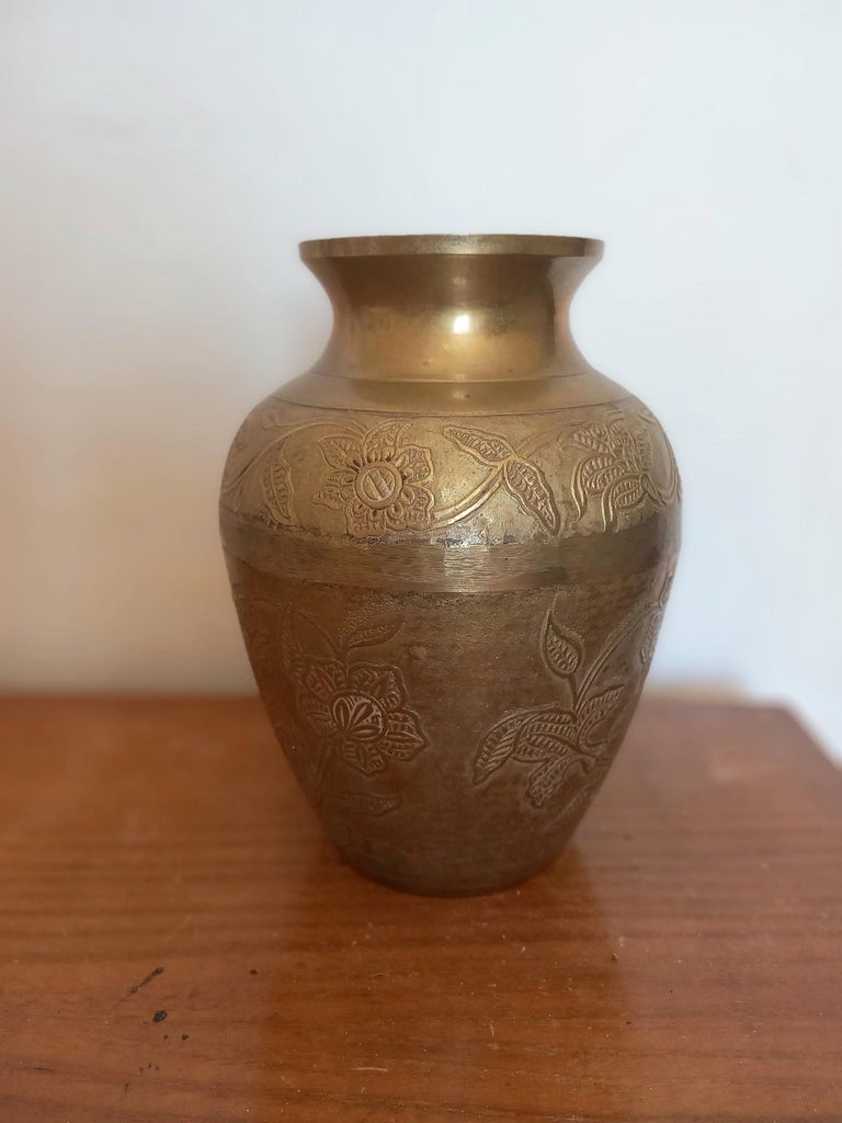 Brass Vase Classic Shape, with Carved Floral Filigree, Spain Early 20th ...