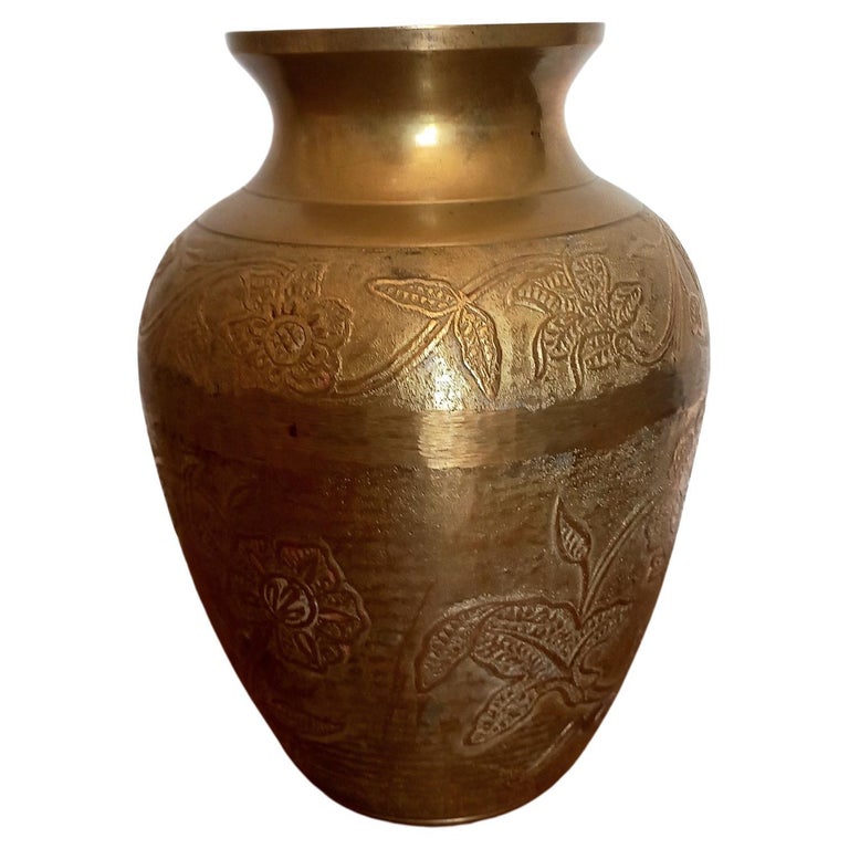 Brass Vase Classic Shape, with Carved Floral Filigree,Spain Early 20th ...
