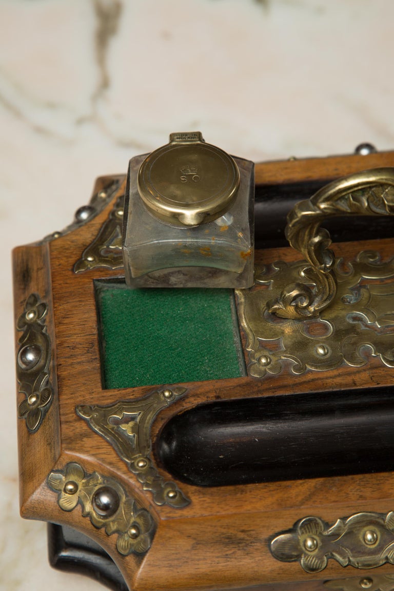 Brass, Walnut and Ebonized Double Inkwell Set For Sale at 1stDibs