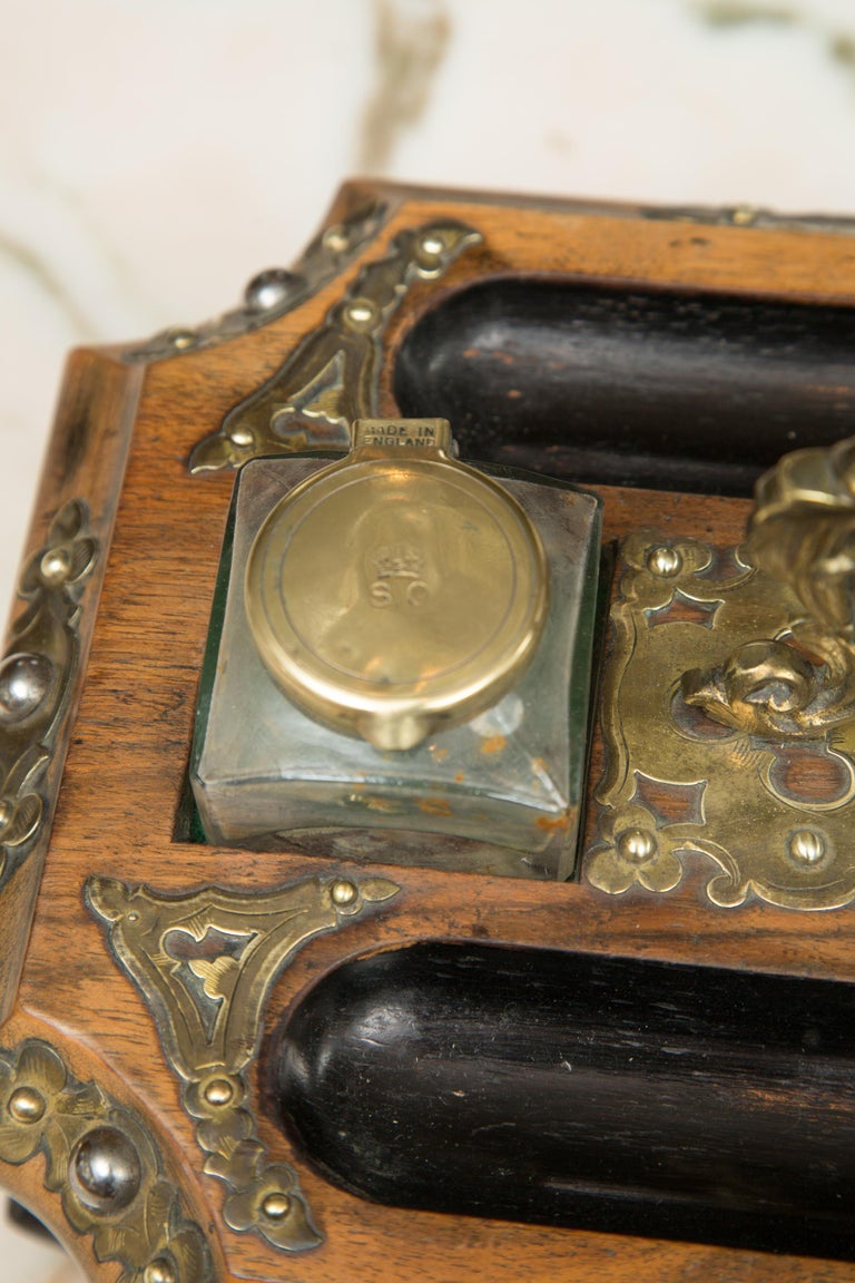 Brass, Walnut and Ebonized Double Inkwell Set For Sale at 1stDibs