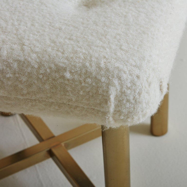 Brass X-Base Ottoman in White Boucle with Tufts, 20th Century For Sale ...