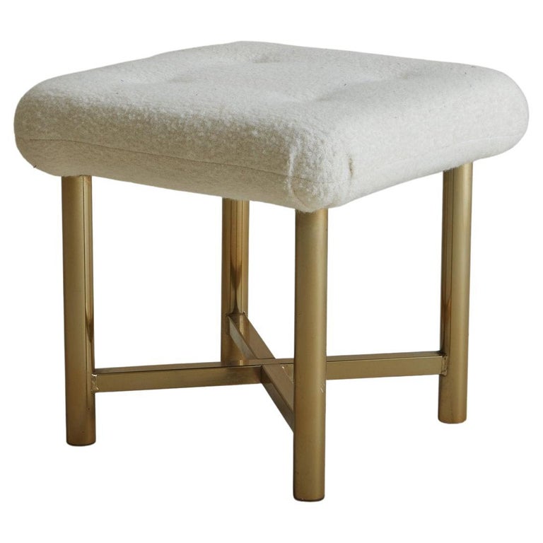 Brass X-Base Ottoman in White Boucle with Tufts, 20th Century For Sale ...