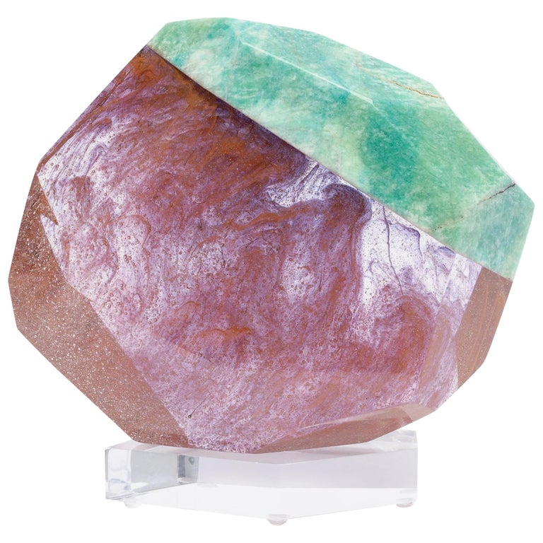 Brazilian Amazonite and Pink Shade Glass Fusion Sculpture on Acrylc ...