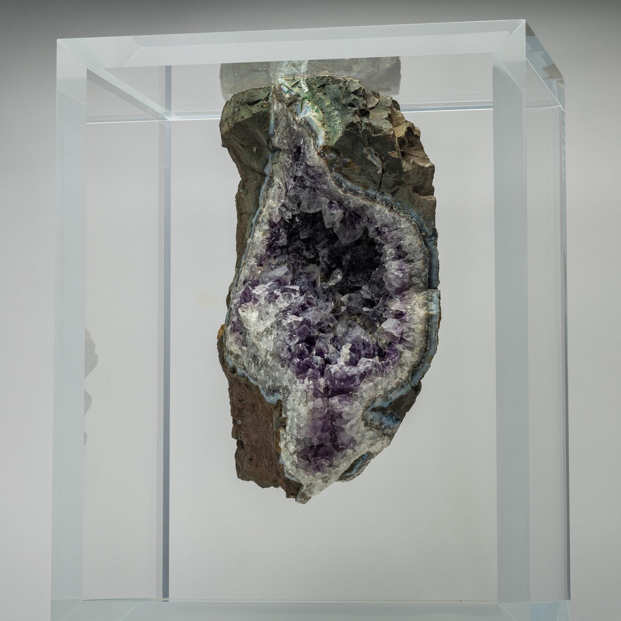 Brazilian Amethyst Geode with basalt mounted in original design acrylic ...