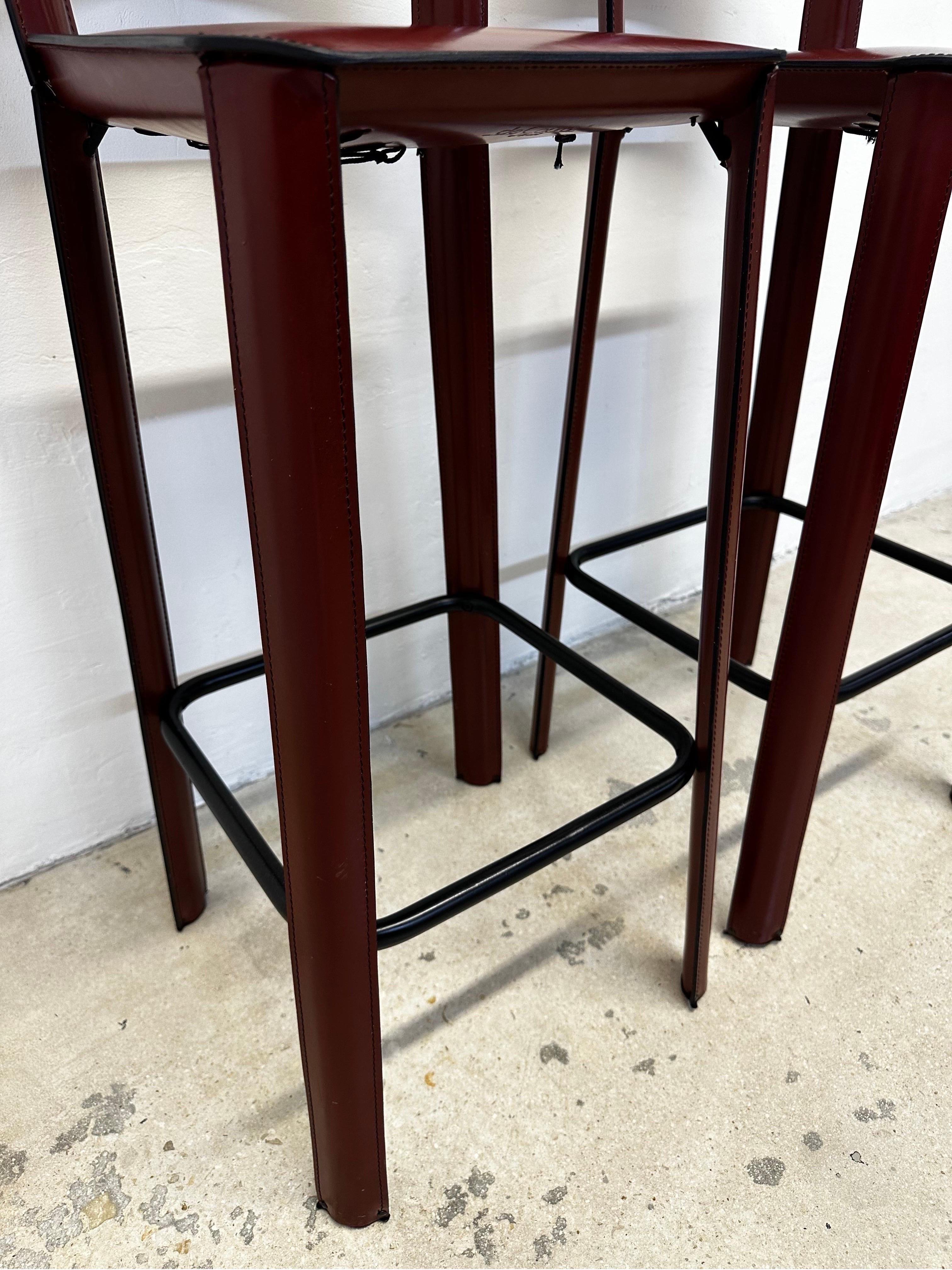 Brazilian Midcentury De Couro Deep Red Leather Bar Stools, Set of Two ...