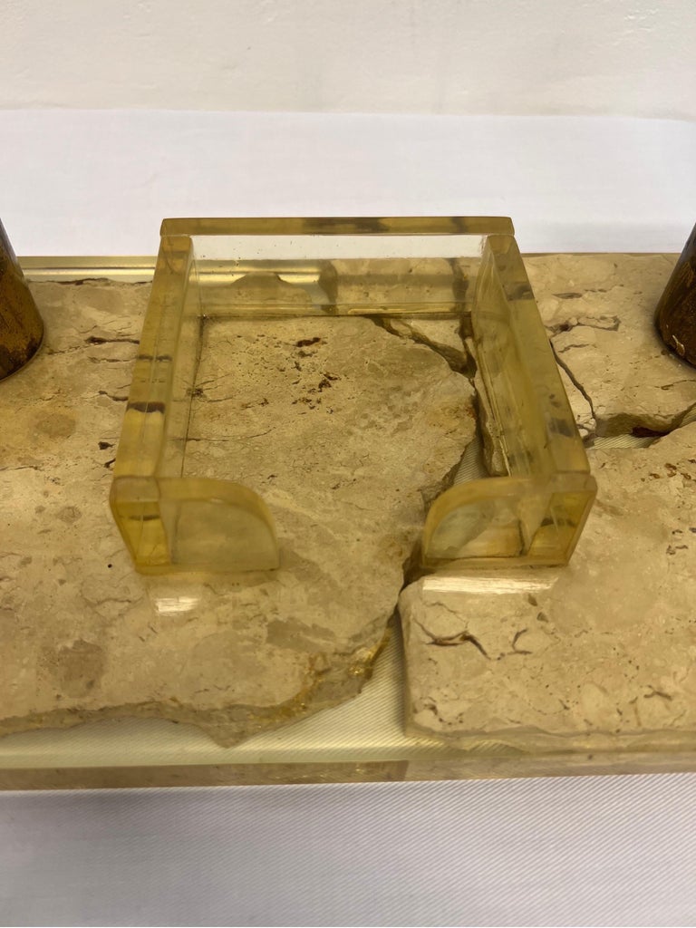 Brazilian Mid-Century Resin Encased Travertine Desk Organizer, 1970s ...