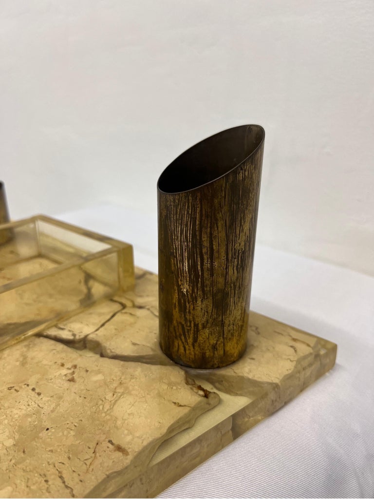 Brazilian Mid-Century Resin Encased Travertine Desk Organizer, 1970s ...