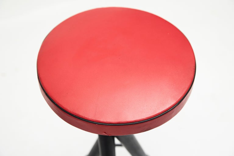 Brazilian Modern Bar Stools in Hardwood and Red and Yellow Leather S ...