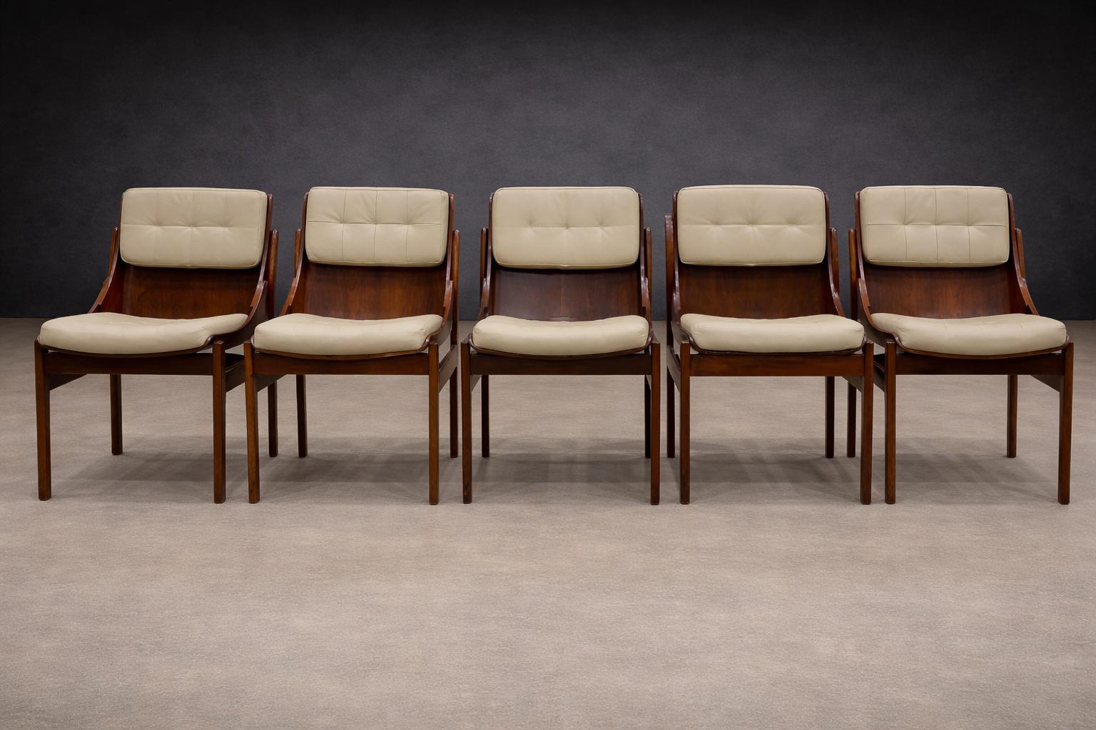Brazilian Modern Set of Five Rosewood and Leather Dining Chairs, Jorge ...