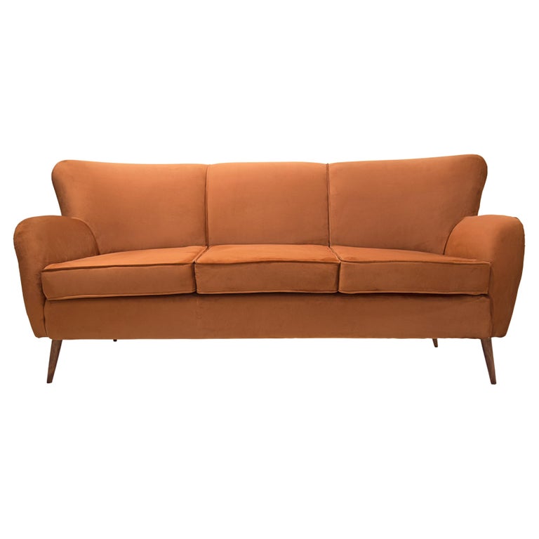 Brazilian Modern Three Seat Sofa in Ochre Velvet and Hardwood by Forma ...