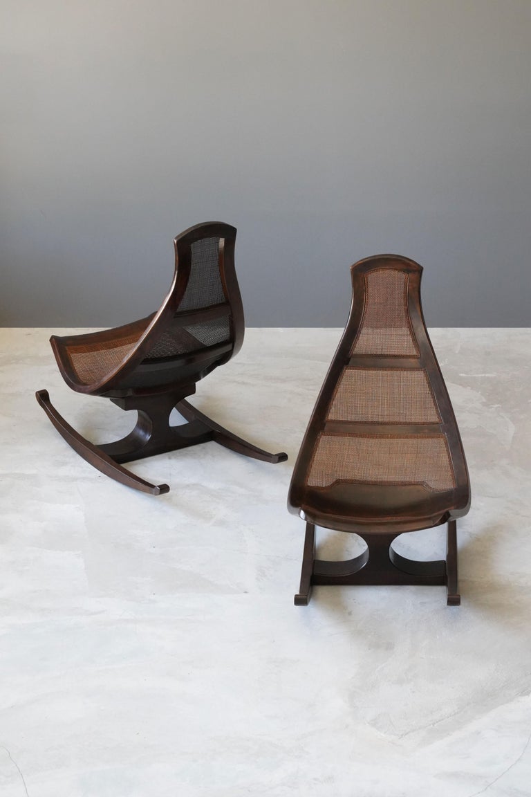Modernist Designer, Rocking Lounge Chairs, Cane, Mahogany, 1970s at 1stDibs