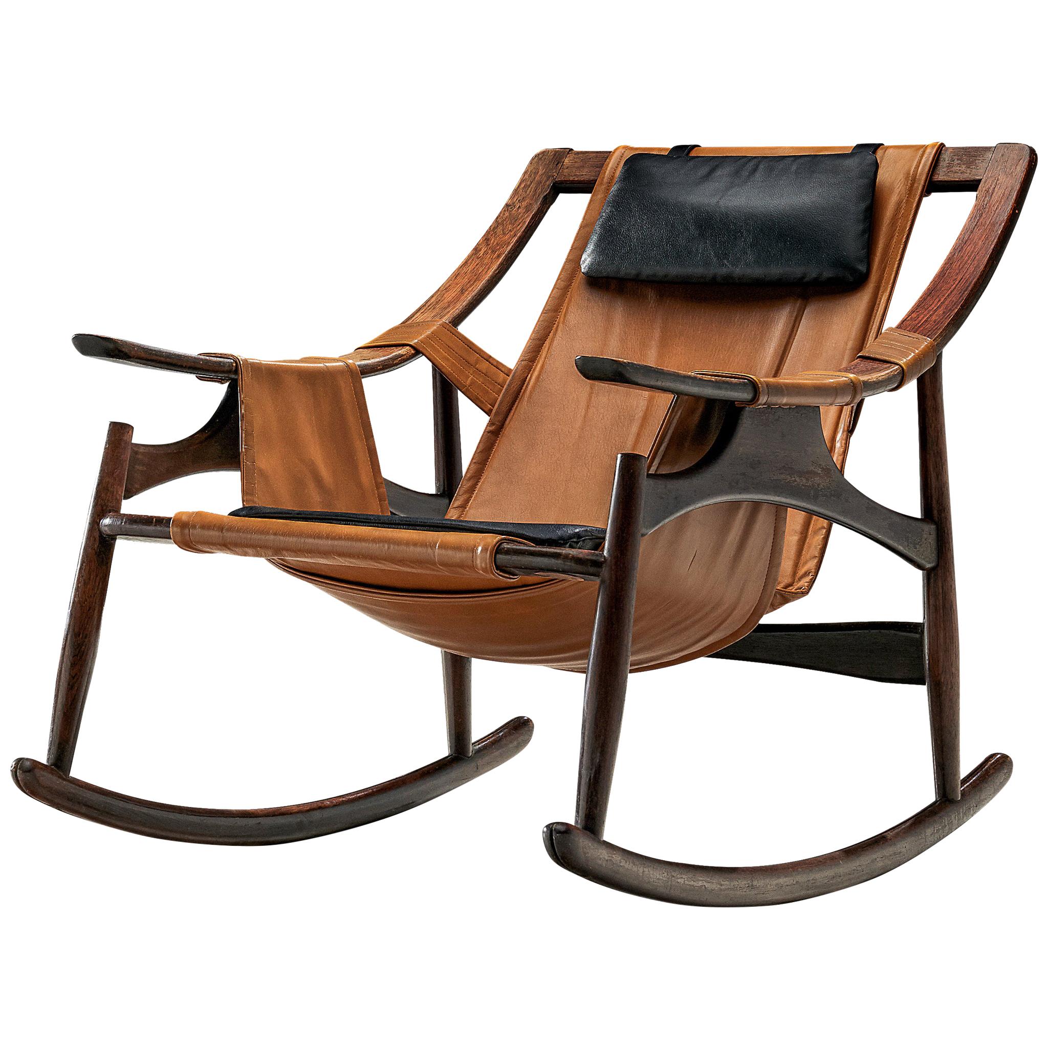 Brazilian Wooden Rocking Chair in Green Leather, 1960s For Sale at 1stdibs