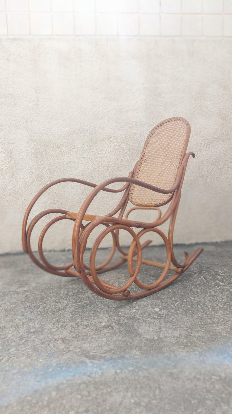 Brazilian Rocking Chair in Curved Wood and Indian Straw, 1960s For Sale ...