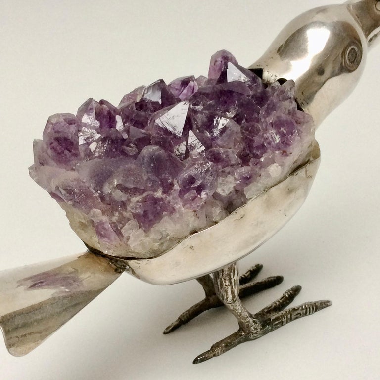 Silver Plated and Amethyst Decorative Bird, circa 1970 For Sale at 1stDibs