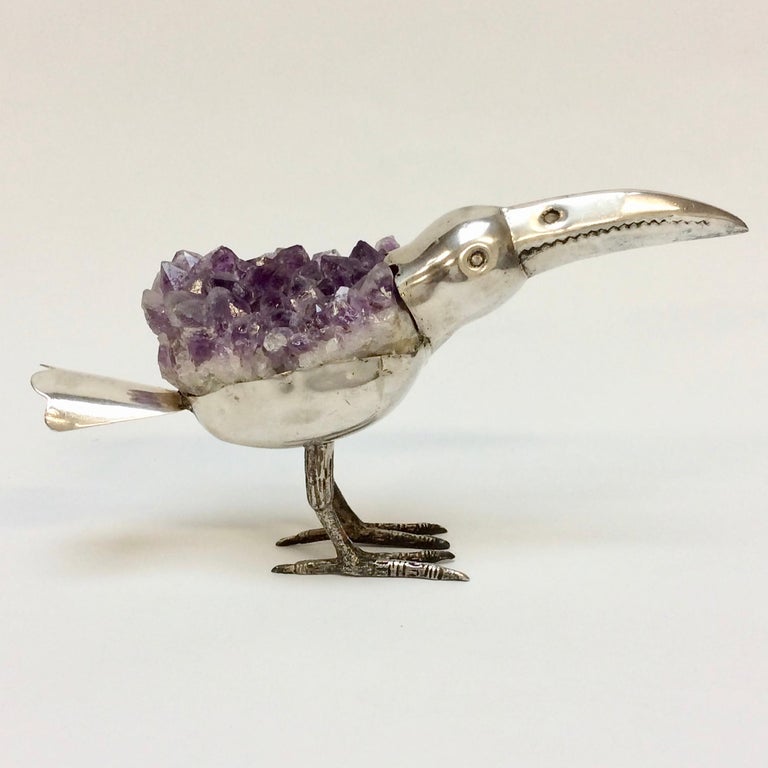 Silver Plated and Amethyst Decorative Bird, circa 1970 For Sale at 1stDibs