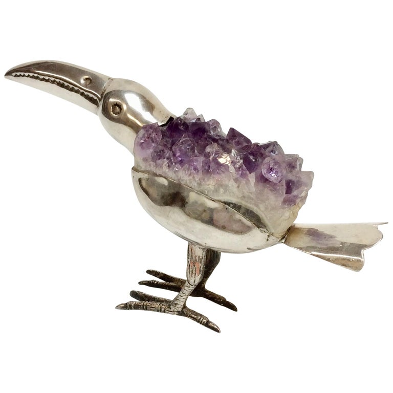 Silver Plated and Amethyst Decorative Bird, circa 1970 For Sale at 1stDibs