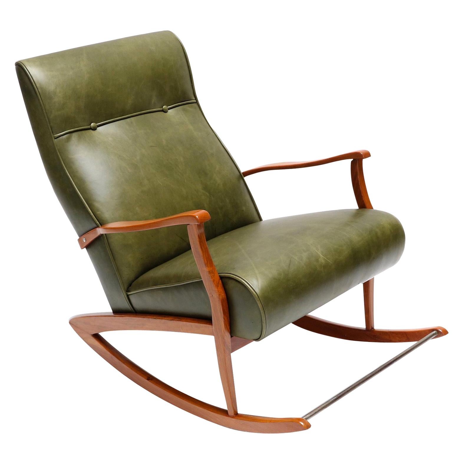 Brazilian Wooden Rocking Chair in Green Leather, 1960s For Sale at 1stdibs