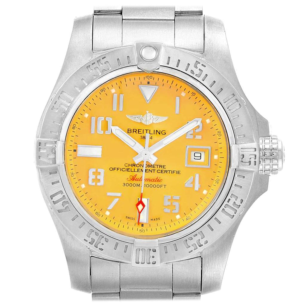 Breitling Avenger II 45 Seawolf Yellow Dial Men's Watch A17331 Box Card ...