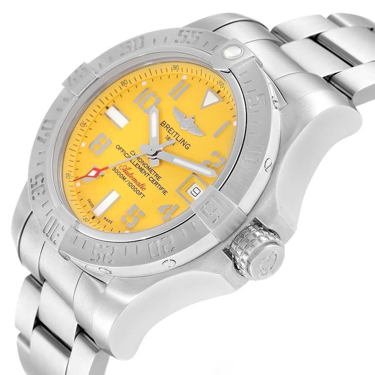Breitling Avenger II 45 Seawolf Yellow Dial Steel Mens Watch A17331 Box ...