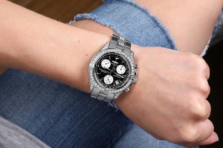 Breitling Colt Chrono Black Dial Custom Diamond Watch Middle Diamond ...