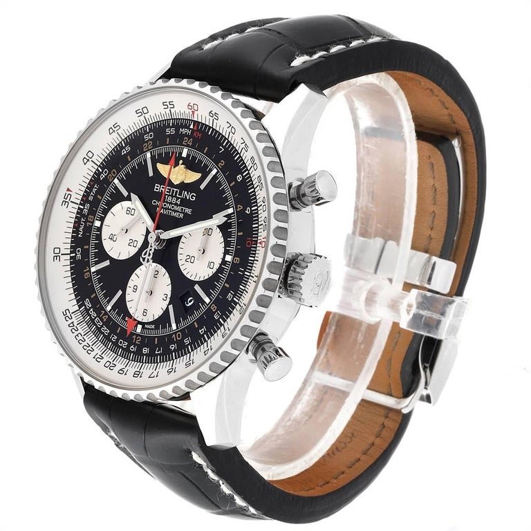 Breitling Navitimer GMT 48 Black Dial Leather Strap Men's Watch AB0441 ...