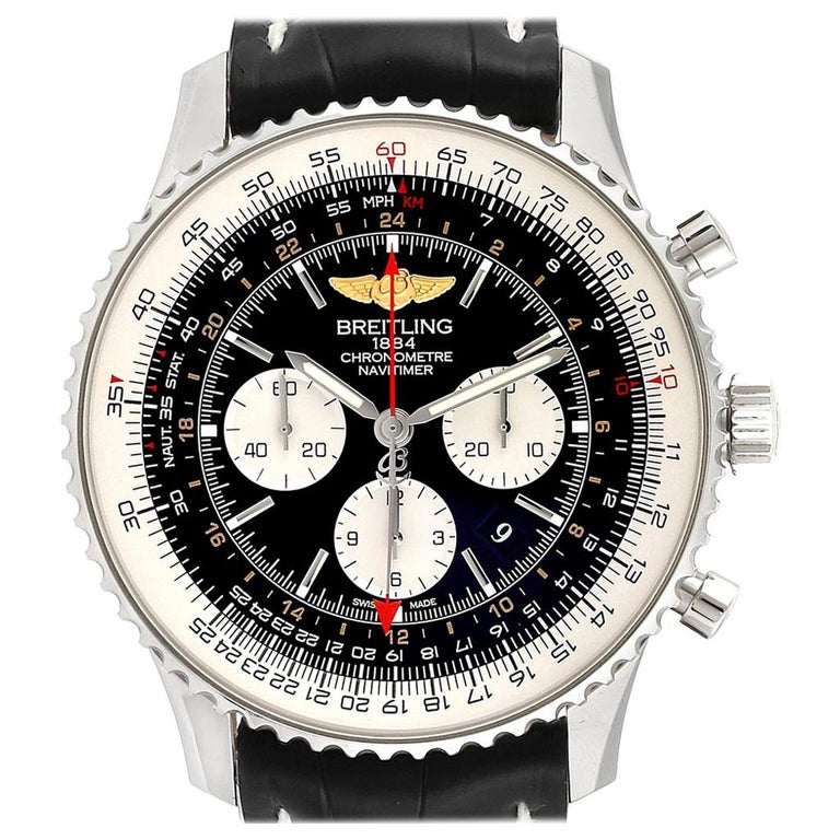 Breitling Navitimer GMT 48 Black Dial Leather Strap Men's Watch AB0441 ...