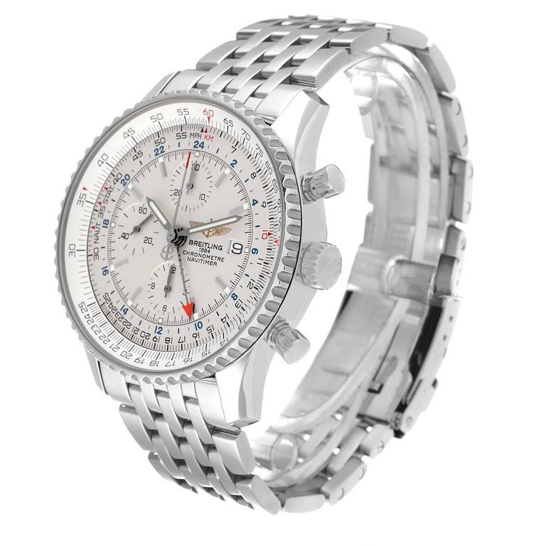 Breitling Navitimer World GMT Chronograph Silver Dial Steel Mens Watch ...