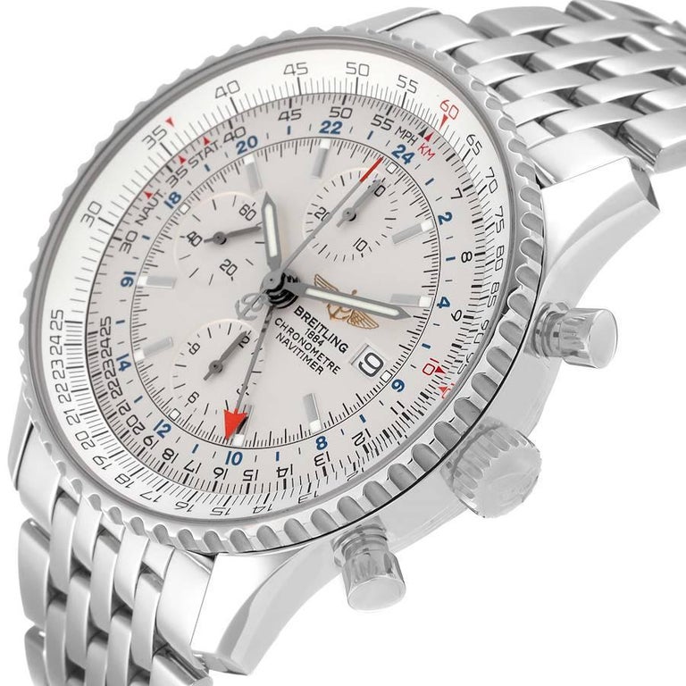 Breitling Navitimer World GMT Chronograph Silver Dial Steel Mens Watch ...
