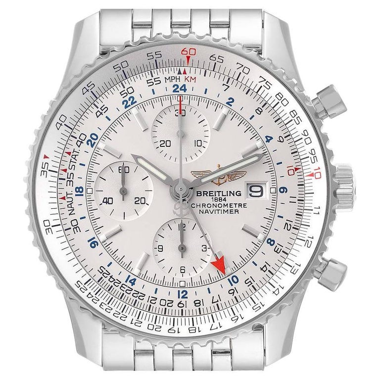Breitling Navitimer World GMT Chronograph Silver Dial Steel Mens Watch ...
