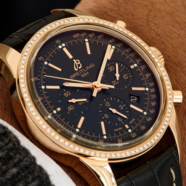 Breitling Transocean Chronograph 18k Rose Gold Black Dial Diamond Bezel ...