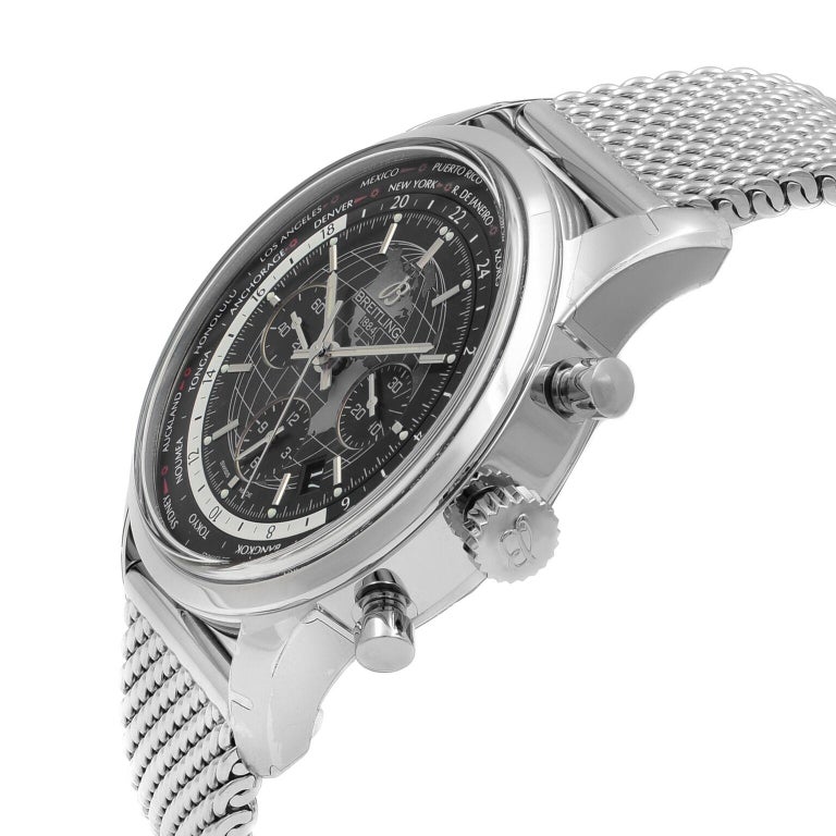 Breitling Transocean Unitime Mesh Band Black Dial Steel Mens Watch ...