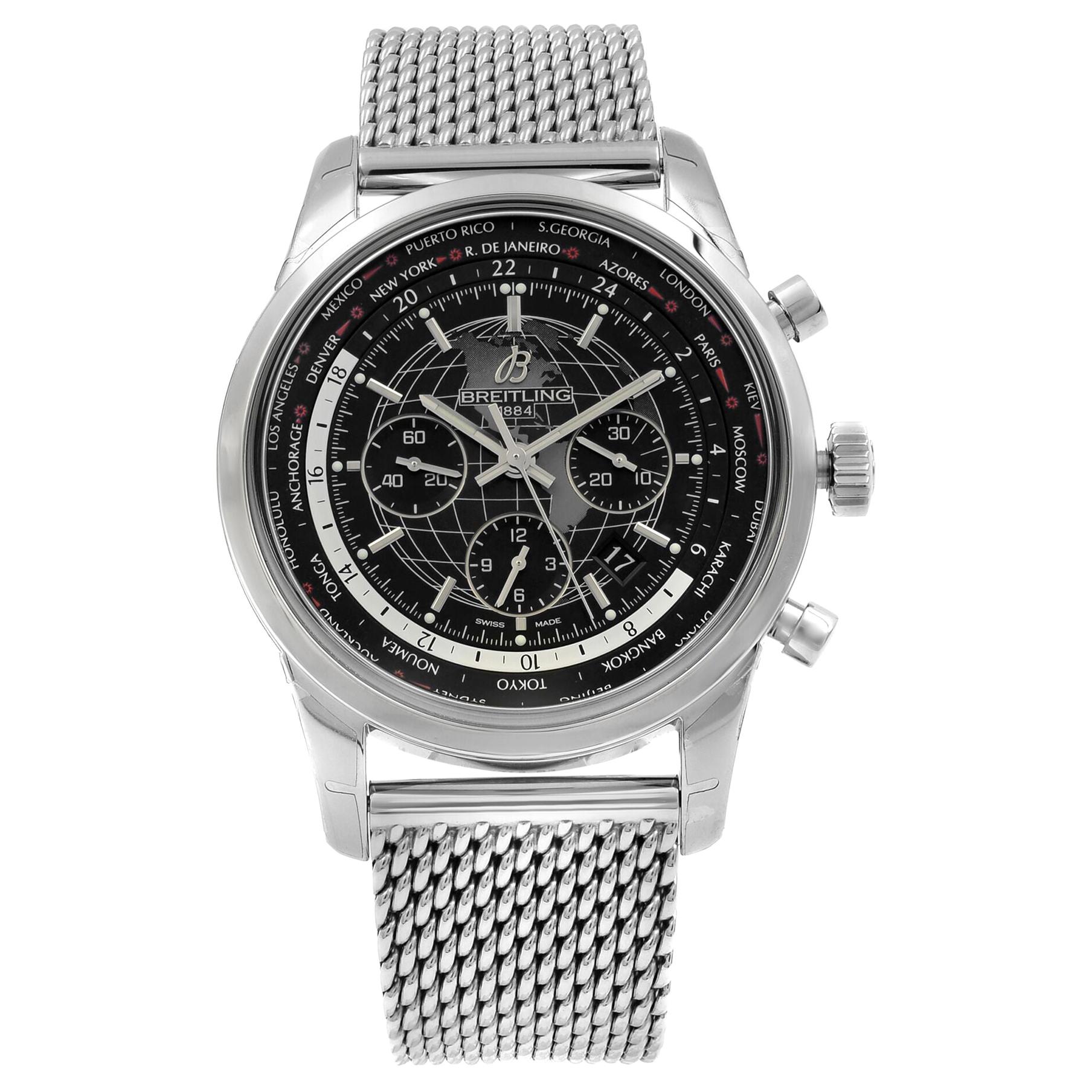 Breitling Transocean Unitime Mesh Band Black Dial Steel Mens Watch ...