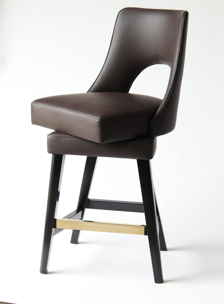 Brennan Swivel Stool Ebonized Italian Full Fiore Leather, Natural Brass ...