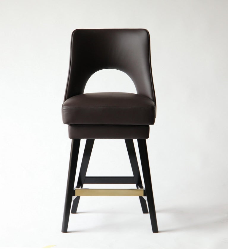 Brennan Swivel Stool Ebonized Italian Full Fiore Leather, Natural Brass ...