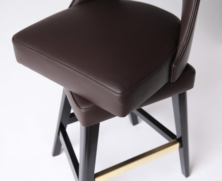 Brennan Swivel Stool Ebonized Italian Full Fiore Leather, Natural Brass ...