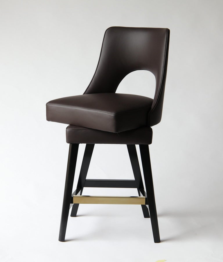 Brennan Swivel Stool Ebonized Italian Full Fiore Leather, Natural Brass ...