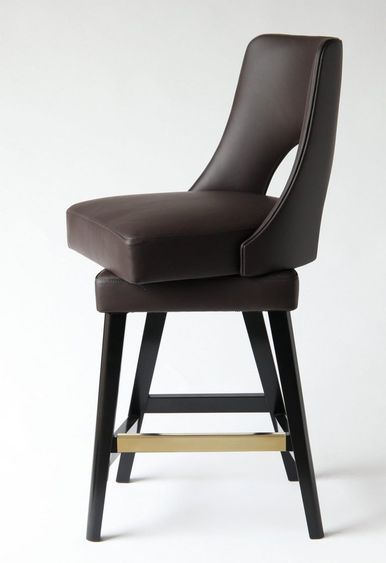 Brennan Swivel Stool Ebonized Italian Full Fiore Leather, Natural Brass ...